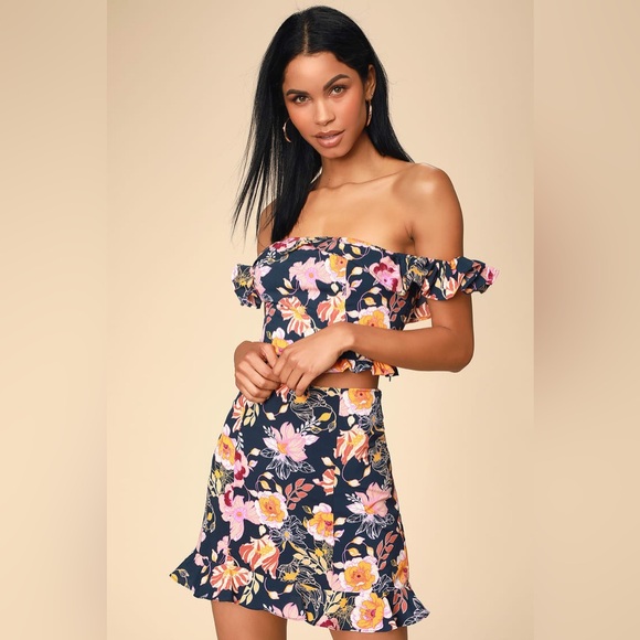 Lulus | Skirts | Lulus Size Small Aura Navy Blue Floral Print Satin ...